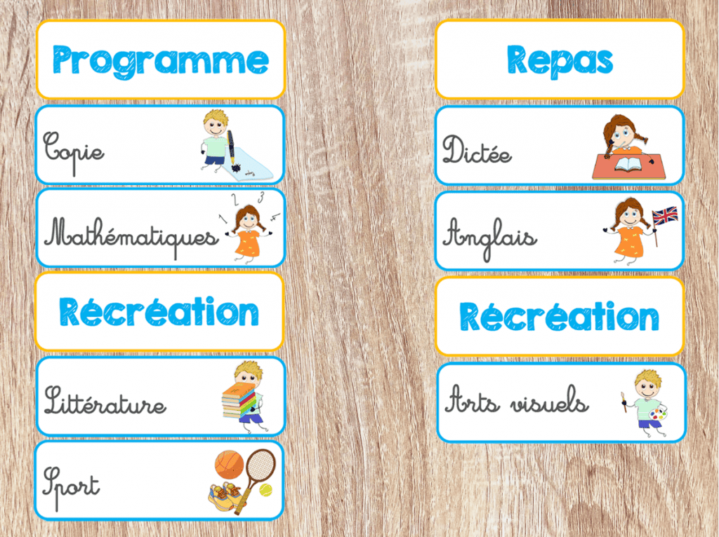 Etiquettes - Programme du jour - Classe et Grimaces